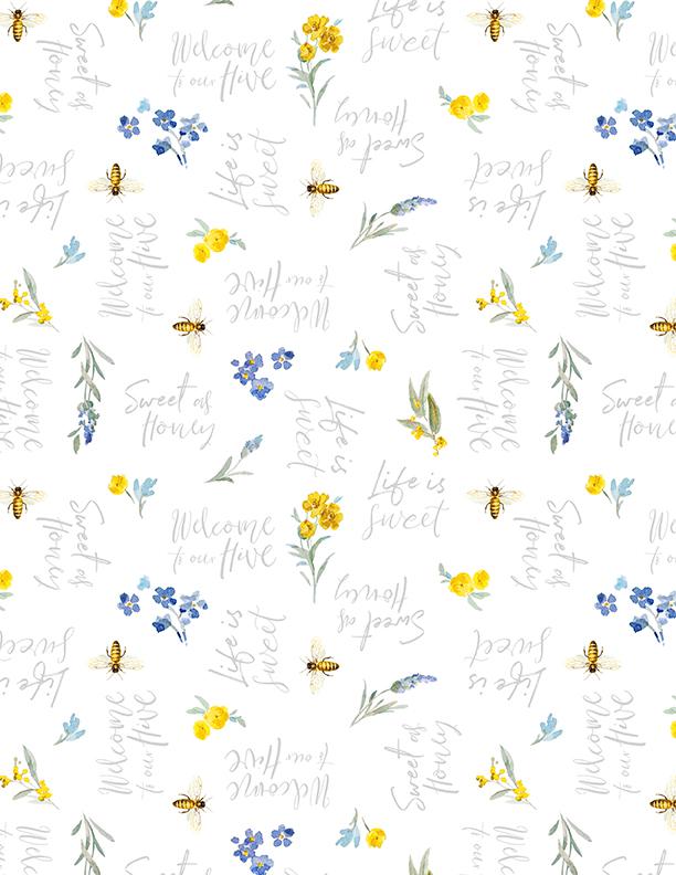 Bees & Blooms by Wilmington Prints WORDS ALL OVER/WHITE – Arizona Quilts