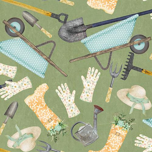 Touch of Spring by 3 Wishes Fabrics GARDEN TOOLS/GREEN – Arizona Quilts